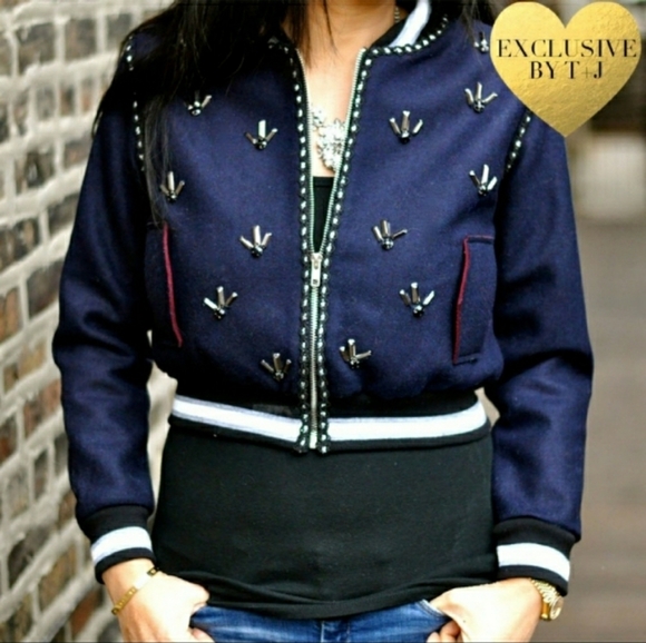 T&J Designs | Jackets & Coats | Navy Embellished Varsity Jacket | Poshmark